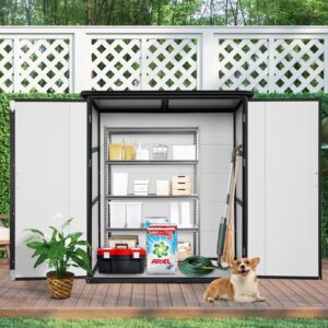 glanzend 5x3 ft resin outdoor storage shed, all weather waterproof garden storage cabinet with lockable double doors, outside utility tool sheds for bikes and patio, black