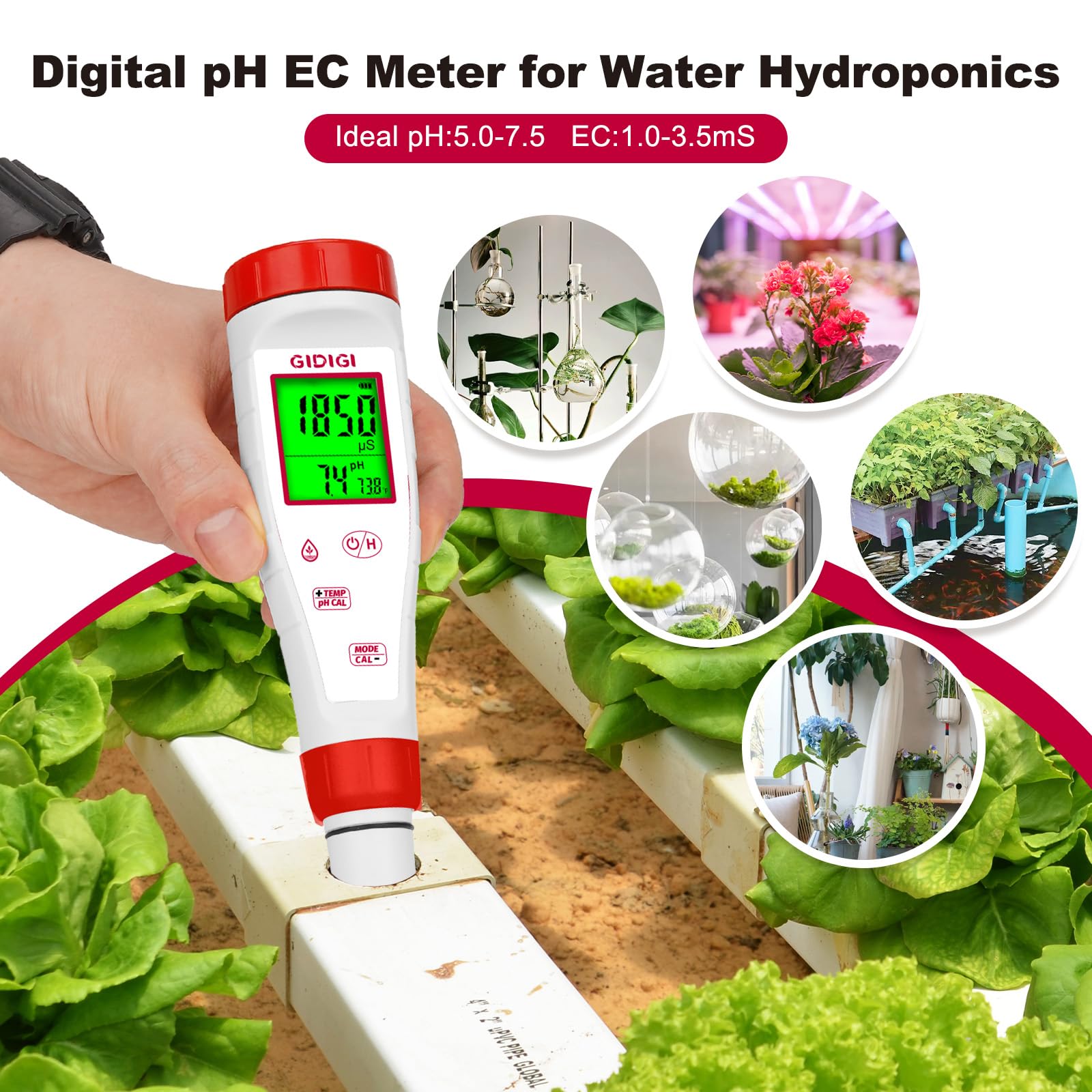 GIDIGI pH Tester,Digital pH Meter for Water,New Version TDS Meter for Drinking Water with Backlit Simultaneously Display 4 in 1 TDS pH EC Meter for Water Hydroponic Nutrient Solution,Pool,Home Use