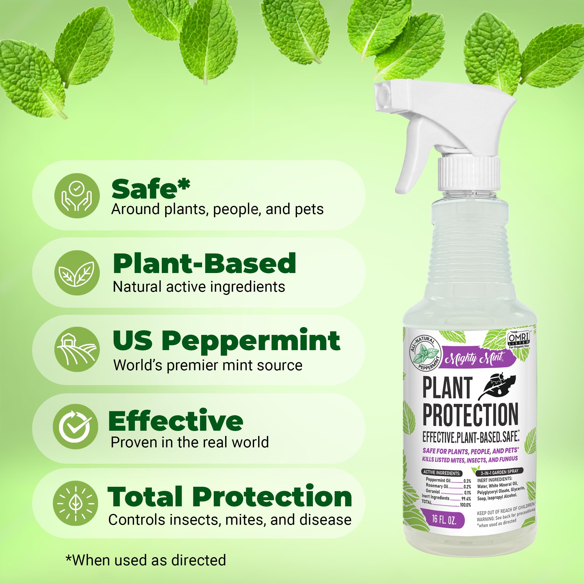 Mighty Mint Peppermint Plant Protection Spray for Insects, Gnats, Fungus, Mites, and Disease, 16 oz