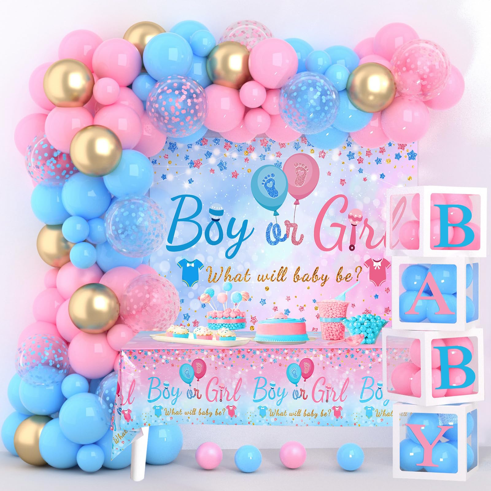 Baby Gender Reveal Party Decorations - Pink Blue Balloon Arch Garland Kits With 4pcs Baby Boxes, Gender Reveal Backdrop and Tablecloths for Baby Shower, Boy or Girl Gender Reveal Party Ideas Supplies