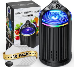 fly trap indoor, 3-in-1 fruit fly trap, gnat killer indoor, moth traps - bug zapper indoor with temperature & humidity sensor, catch insects indoors with suction, bug light &10pcs sticky glue (black)