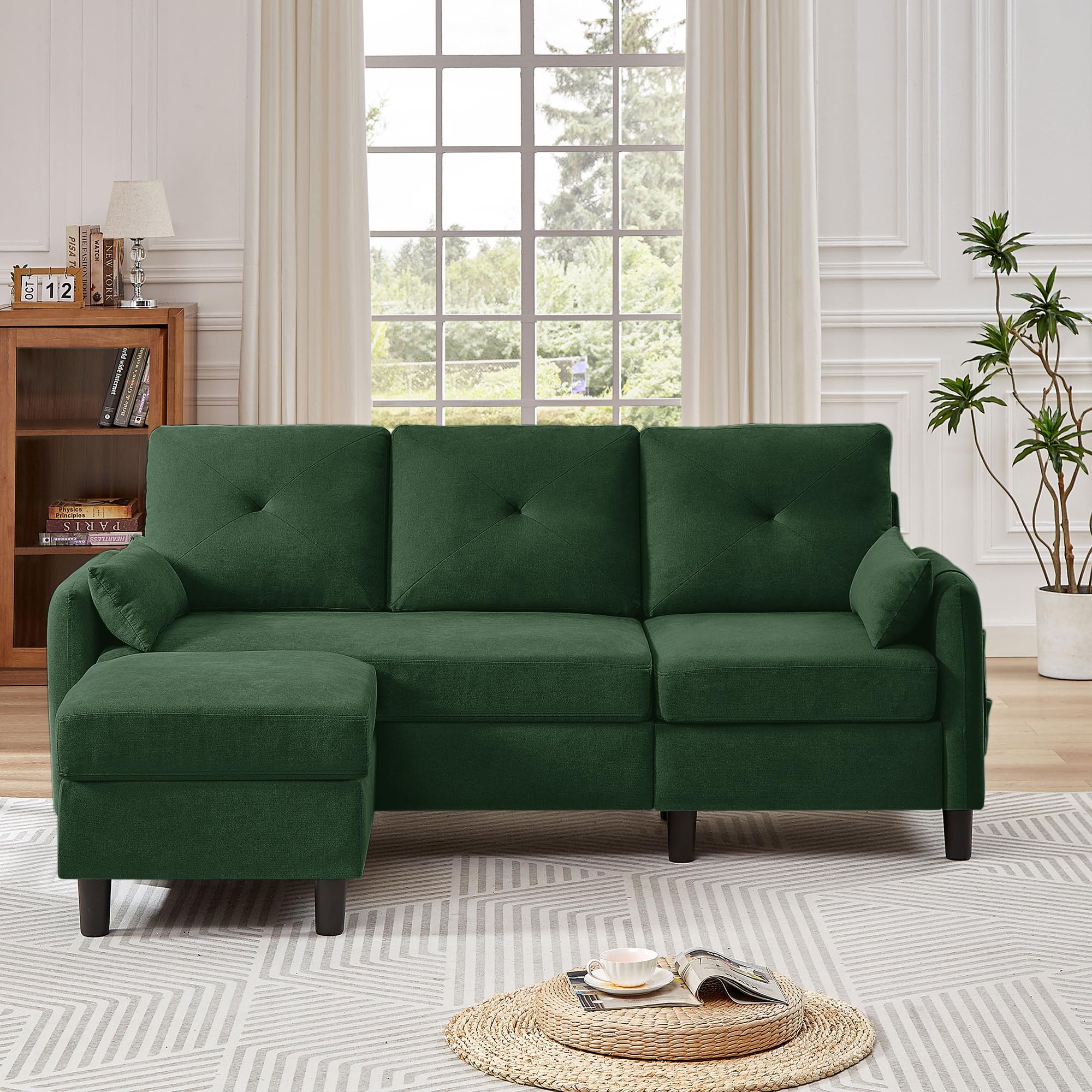 Jarenie 77" W Convertible Sectional Sofa, L Shaped Couch 3-Seat Modern Linen Couches with Reversible Chaise and Side Pockets for Living Room, Apartment, Green