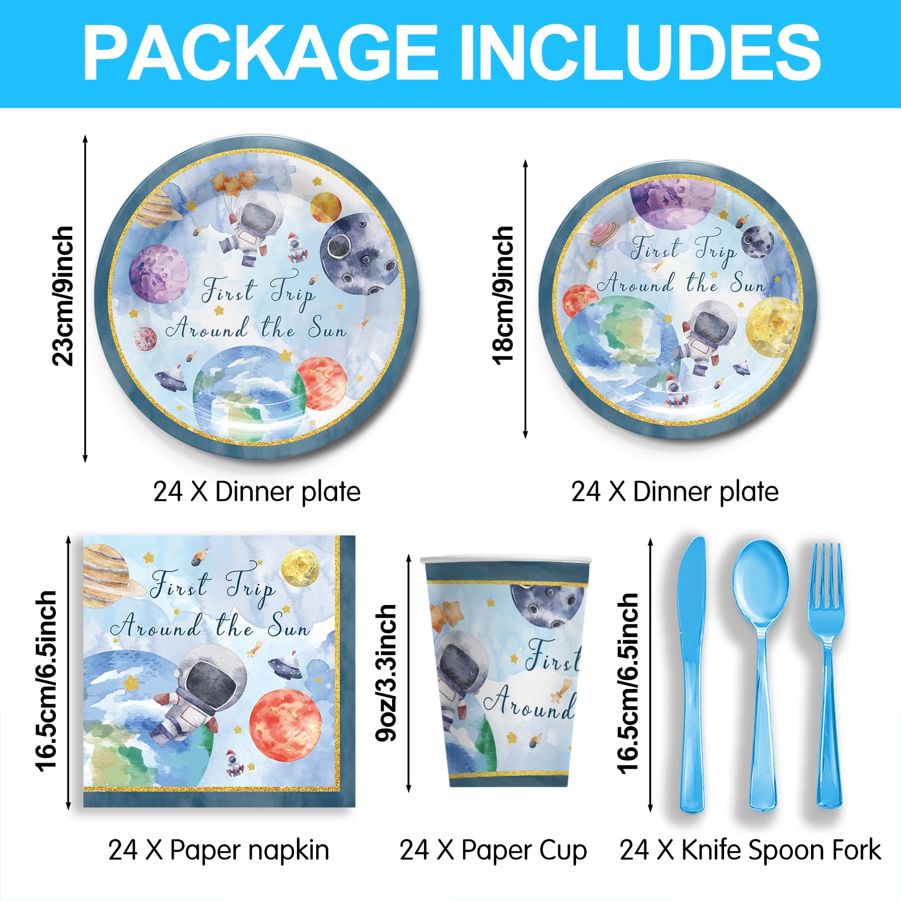 Piooluialy First Trip Around The Sun Birthday Party Decorations - 1st Outer Space Themed Party Supplies Include Plates, Cups, Napkins, Cutlery, First Space Baby Shower Birthday Supplies | 24 Guests