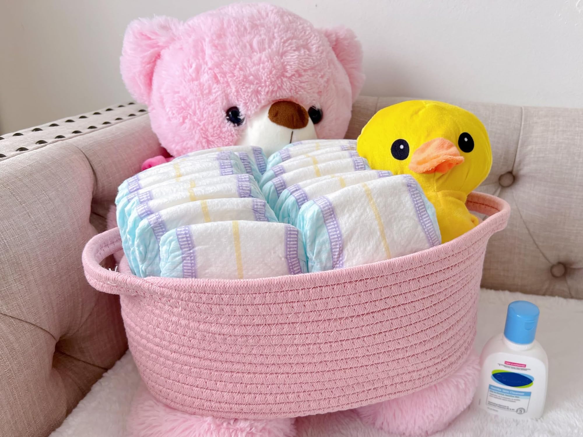 GiftExpress 2 Pack Pink Woven Basket - 13" x 8" x 5" Cotton Rope Organizing Baskets for Baby Items or Cat & Dog Toys - Cute Soft Gift Storage Bin w/ Handles