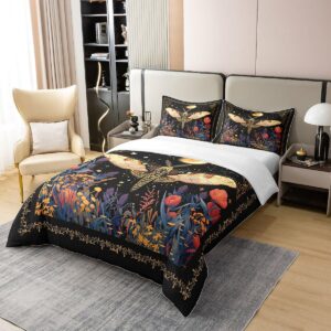 Feelyou Boho Golden Butterfly Duvet Cover 100% Cotton Bohemian Moth Bedding Set for Moon Galaxy On Black Comforter Cover Flower Weed Botanical Bedroom Collection 3Pcs King(No Comforter)