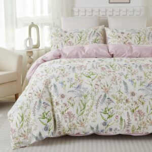 100% Cotton Pink Floral Duvet Cover Full Set -Green Leaf Floral Duvet Cover Sets,Soft & Breathable with Zipper Closure & Corner Ties,3pcs Garden Style Bedding Set- Spring Purple Red Rose Flower