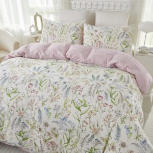 100% Cotton Pink Floral Duvet Cover Full Set -Green Leaf Floral Duvet Cover Sets,Soft & Breathable with Zipper Closure & Corner Ties,3pcs Garden Style Bedding Set- Spring Purple Red Rose Flower