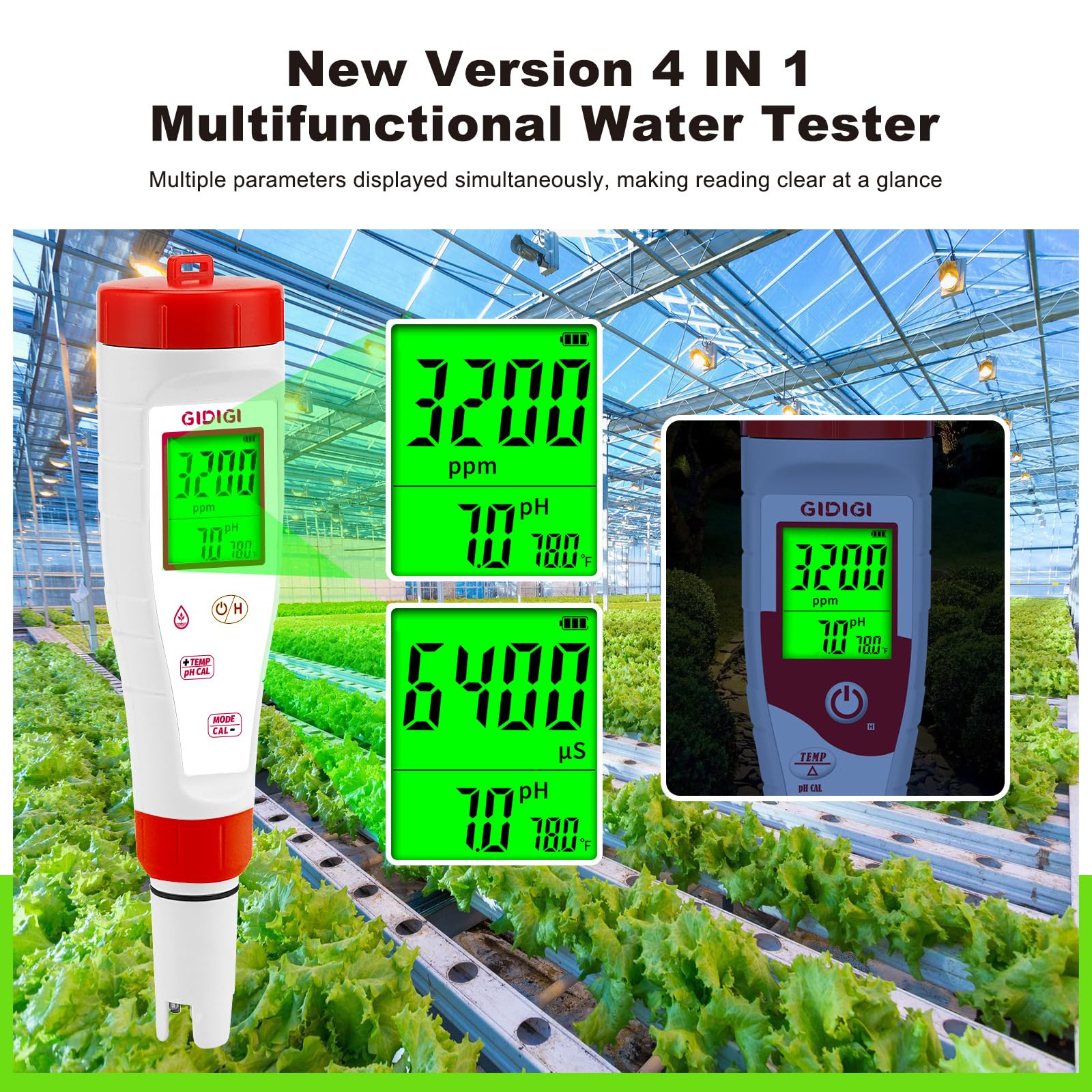 GIDIGI pH Tester,Digital pH Meter for Water,New Version TDS Meter for Drinking Water with Backlit Simultaneously Display 4 in 1 TDS pH EC Meter for Water Hydroponic Nutrient Solution,Pool,Home Use