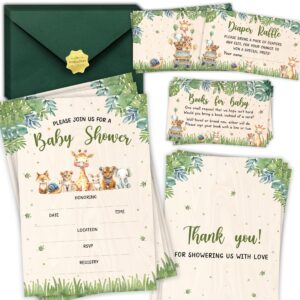 woodamore woodland baby shower invitations for boy with envelopes - baby shower invites for girl, safari books for baby cards, diaper raffle tickets for woodland animals baby shower decorations