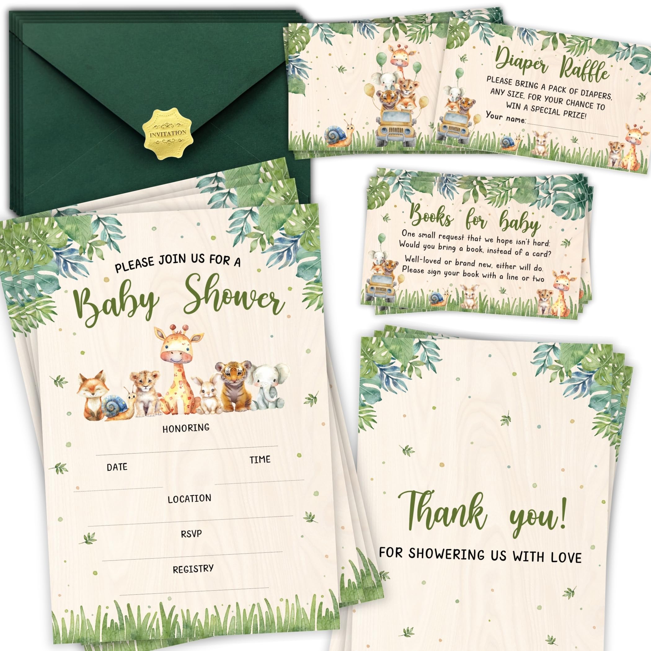 WOODAMORE Woodland Baby Shower Invitations for Boy with Envelopes - Baby Shower Invites for Girl, Safari Books for Baby Cards, Diaper Raffle Tickets for Woodland Animals Baby Shower Decorations