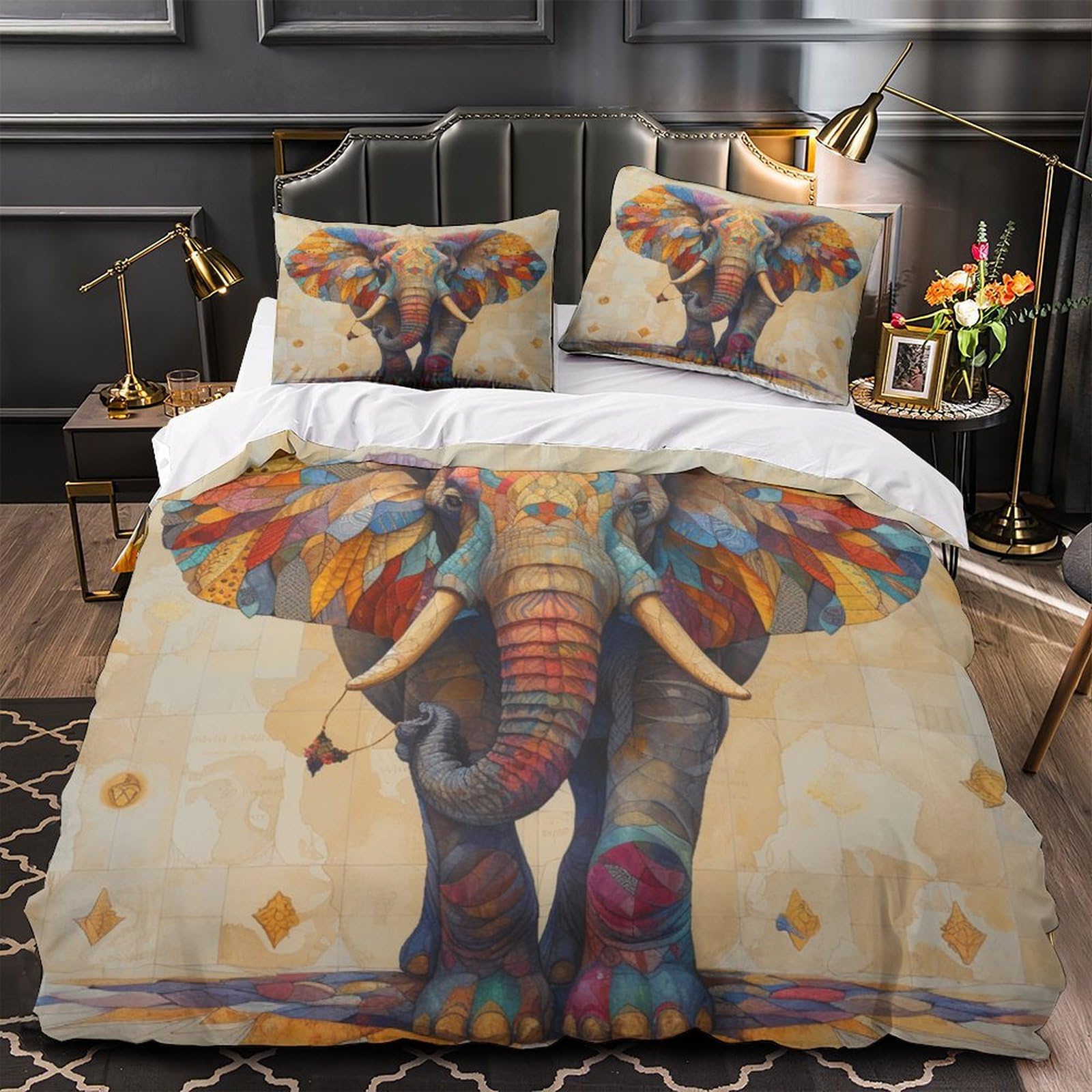 Colorful Elephants Comforter Covers 3D PrintedBeautiful Elephant Bedding Set Quilt Cover Duvet Cover for Childrens And Adults 3 Pieces with Pillowcases Microfiber with Zipper Closure Super King（260x22