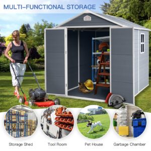 GLANZEND 8x6FT Resin Outdoor Storage Shed with Floor Foundation, Outside Garden Tool House with Side Window and Air Vent, Plastic Strong Structure for Patio Lawn, Garbage Chamber