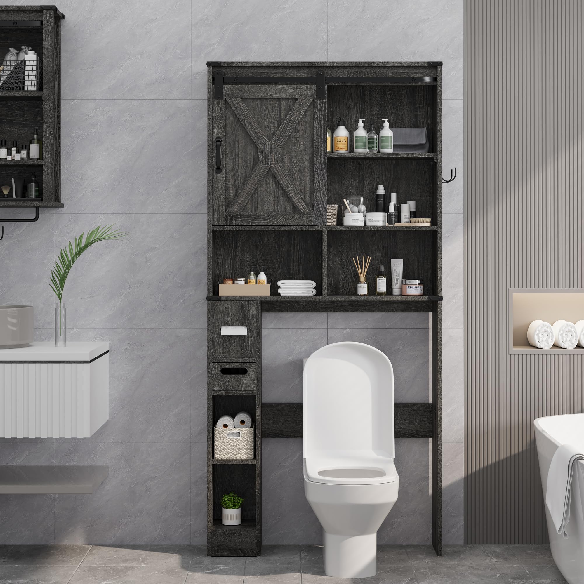 RoyalCraft Over The Toilet Storage Cabinet, Farmhouse Storage Cabinet Over Toilet with Sliding Barn Door, Home Space-Saving Toilet Rack, Behind Toilet Bathroom Organizer for Bathroom, Dark Grey