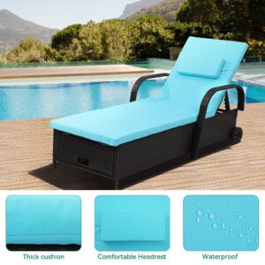 YITAHOME Chaise Lounge Chair with Storage, Wicker Patio Lounge Set with 5-Position Backrest, Rattan Pool Reclining with Headrest, Arm, Cushion, and Wheel for Poolside Balcony Garden(Black+Blue)