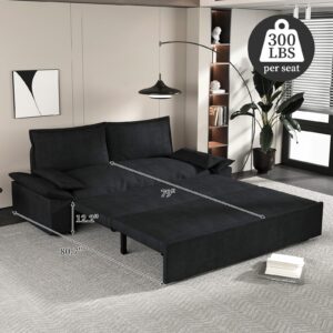 Rovibek Convertible Sofa Bed Pull Out 3 in 1 Sleeper Sofa Couch Bed Queen Size Loveseat Sleeper Chaise Lounge Futon Velvet 2 Seat for Living Room Apartment Small Space, Black