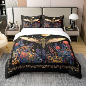 feelyou boho golden butterfly duvet cover 100% cotton bohemian moth bedding set for moon galaxy on black comforter cover flower weed botanical bedroom collection 3pcs king(no comforter)