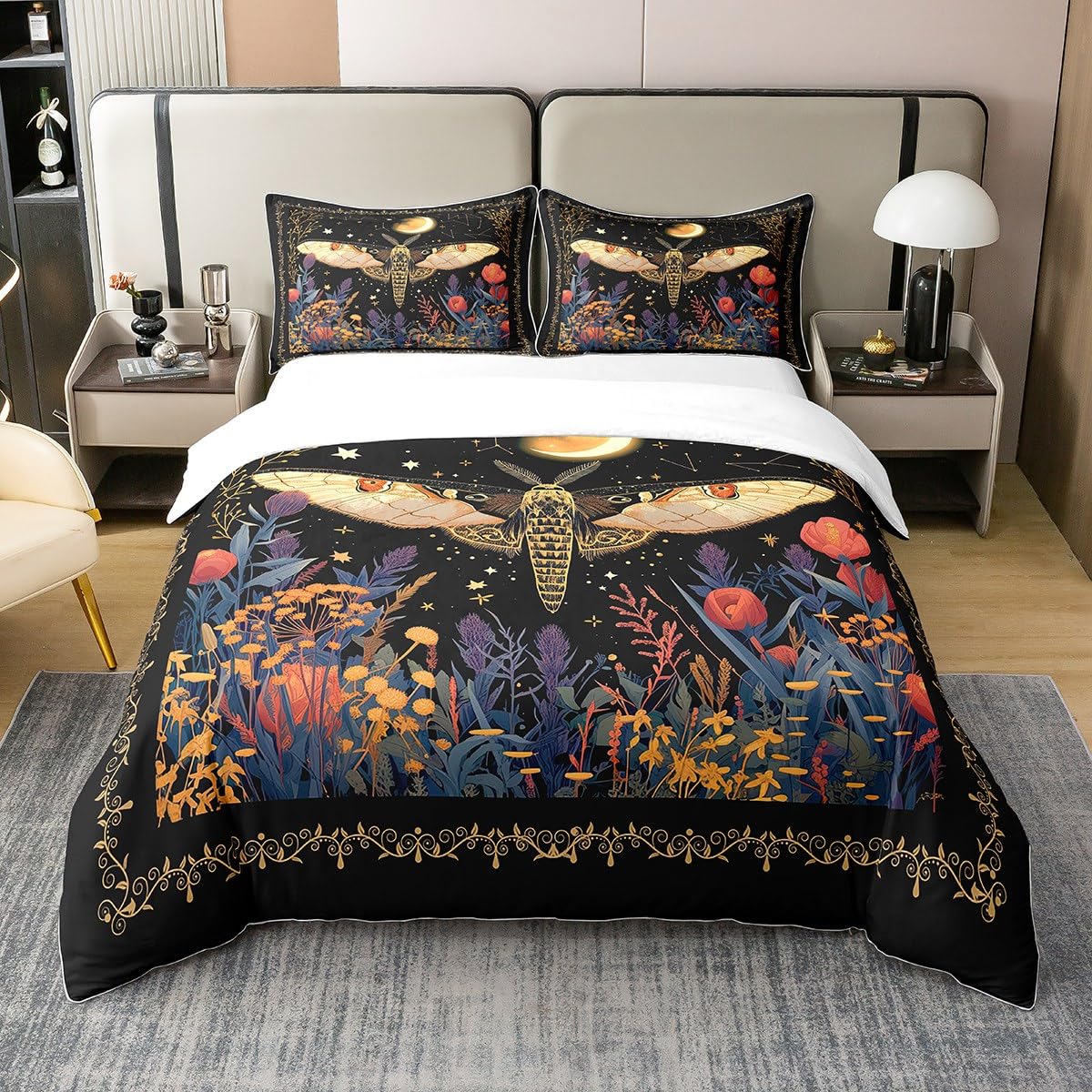 Feelyou Boho Golden Butterfly Duvet Cover 100% Cotton Bohemian Moth Bedding Set for Moon Galaxy On Black Comforter Cover Flower Weed Botanical Bedroom Collection 3Pcs King(No Comforter)