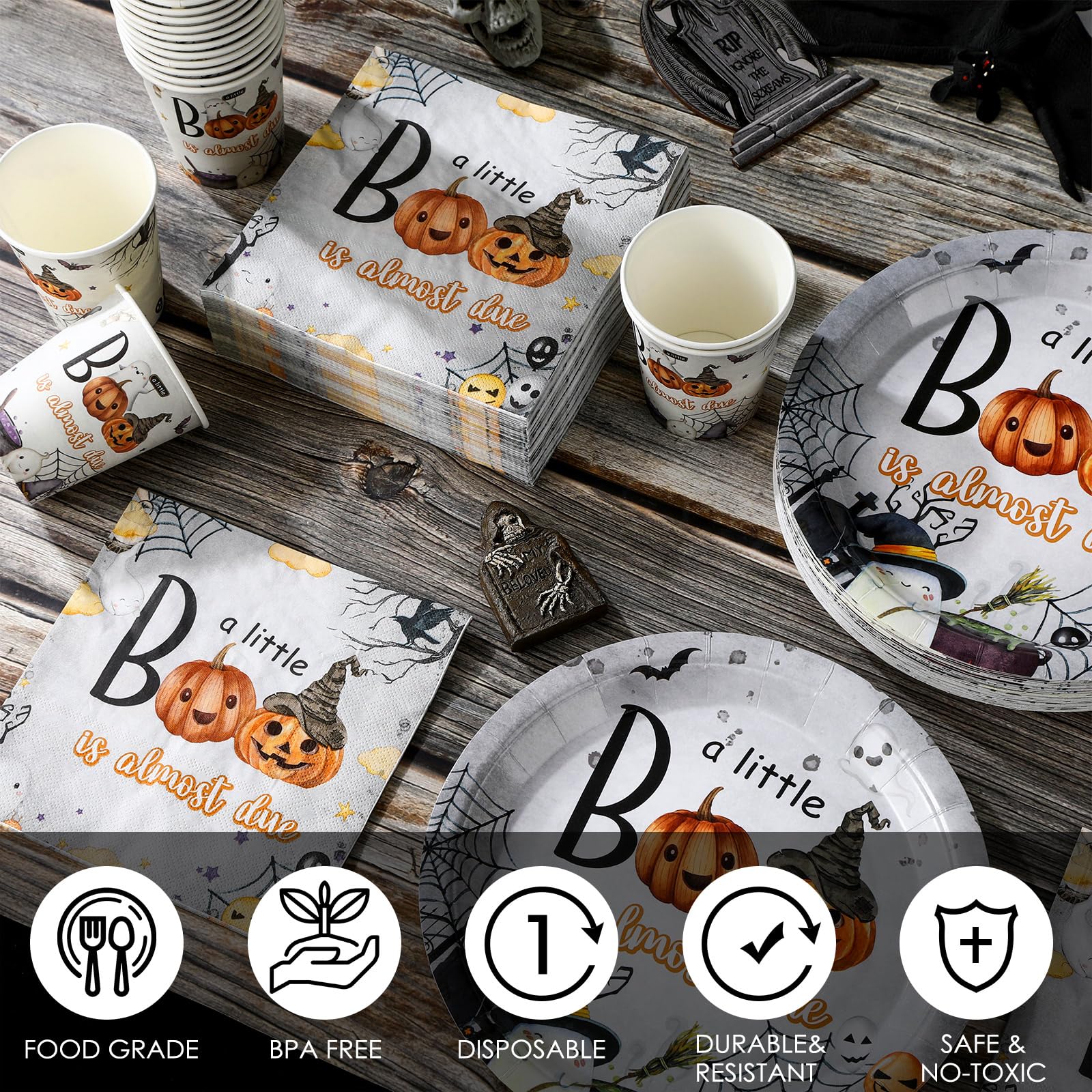 Hushee 200 Pcs Halloween a Little Boo Is Almost Due Baby Shower Paper Plates Napkins Cups Baby Shower Party Supplies Tableware Set Disposable Cup Napkin for 50 Guest Party Decoration