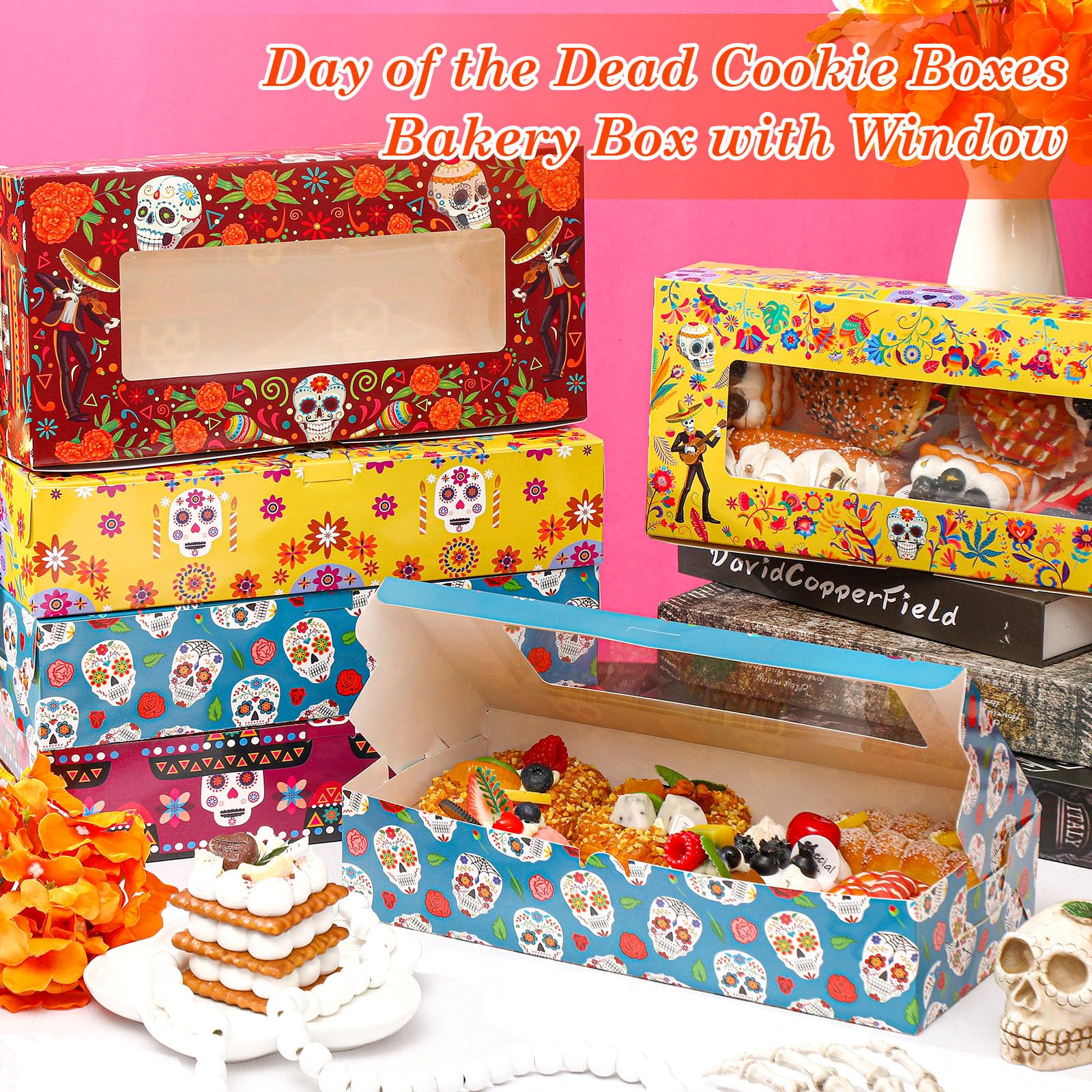 12 Pcs Day of The Dead Cookie Boxes with Window, Bakery Box, 12 x 5.5 x 2.5 Inches Skull Sombrero Cupcake Boxes Pastry Box Dessert Boxes for Halloween Mexican Themed Party Decoration Supplies