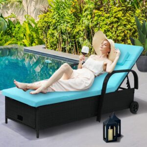 YITAHOME Chaise Lounge Chair with Storage, Wicker Patio Lounge Set with 5-Position Backrest, Rattan Pool Reclining with Headrest, Arm, Cushion, and Wheel for Poolside Balcony Garden(Black+Blue)