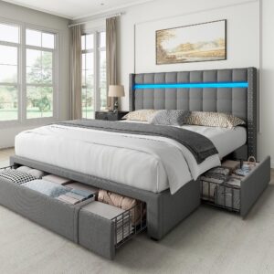 enhomee full bed frame with storage,led bed frame with adjustable headboard, upholstered platform bed frame queen size with 3 drawers,heavy duty wood slats,easy assembly,no box spring needed,grey