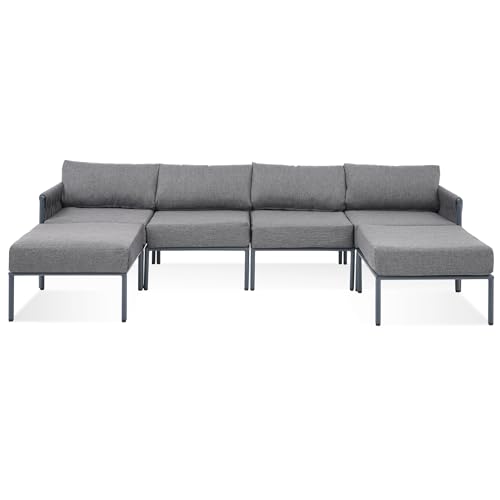 LOUHME 6-Pieces Aluminum Patio Furniture Set, Modern Metal Outdoor Conversation Set Sectional Sofa Set with Removable Olefin Extra Thick Cushions for Outdoor Space, Gray