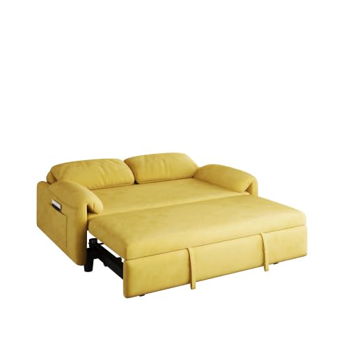 Convertible Pull Out Sofa Couch Bed with Mattress, 54'' Velvet 2-Seater Loveseat Sleeper, Futon Couches Pull Out Bed, Pop Up Daybed Sofa Bed with Storage Pockets for Living Room Small Space (Yellow)