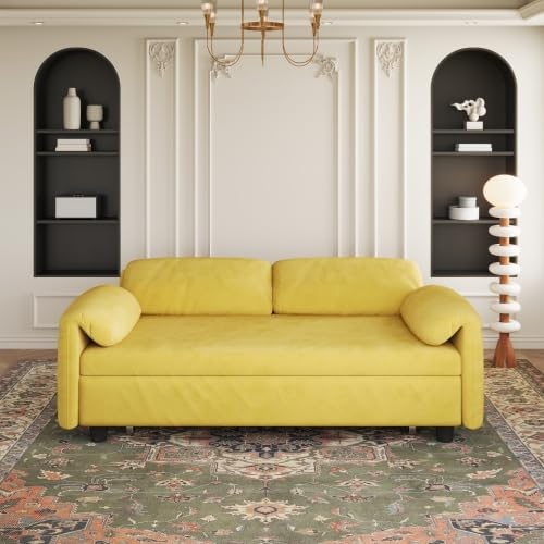 Convertible Pull Out Sofa Couch Bed with Mattress, 54'' Velvet 2-Seater Loveseat Sleeper, Futon Couches Pull Out Bed, Pop Up Daybed Sofa Bed with Storage Pockets for Living Room Small Space (Yellow)