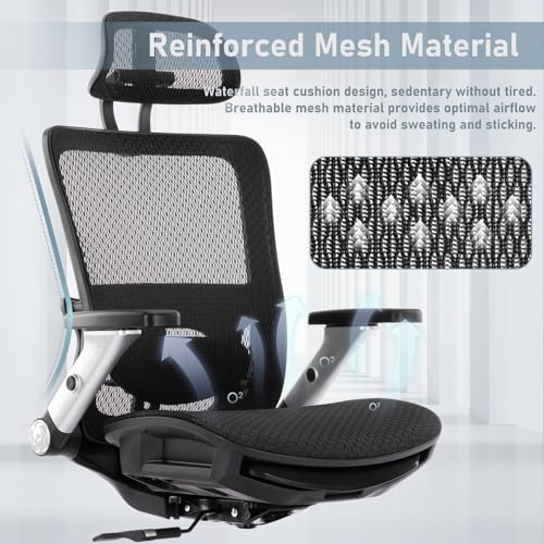 Ergonomic Mesh Office Chair with Footrest, High Back Executive Desk Chair with Adjustable Lumbar Support, Headrest and Tilt Lock, 4D Flip-up Arm-Black