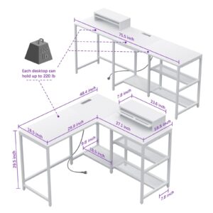 VEELOK L Shaped Desk with Power Outlets, Wood Computer Desk with Monitor Stand and Storage Shelves, Gaming Desk, Office Desk, Study Desk, Corner Desk Work Desk for Home Office, White