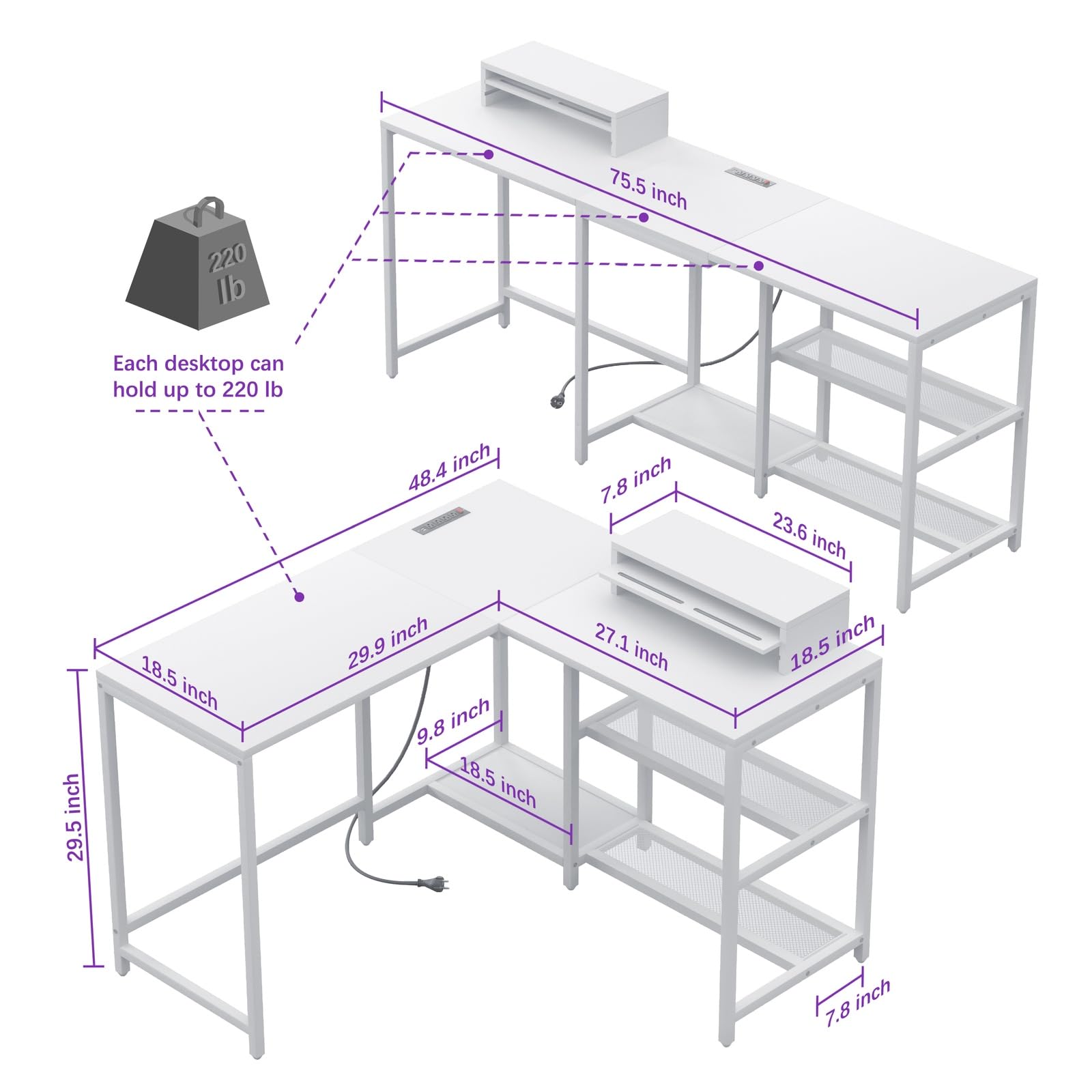 VEELOK L Shaped Desk with Power Outlets, Wood Computer Desk with Monitor Stand and Storage Shelves, Gaming Desk, Office Desk, Study Desk, Corner Desk Work Desk for Home Office, White