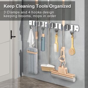 Zilvoran Mop And Broom Holder Wall Mount, Stainless Steel Mop Holder With Hooks, Brooms And Mops Tool Organizer For Closet Laundry Utility Room Garage (3 Racks & 4 Hooks)