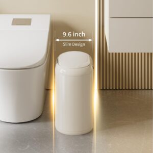 MRBIN Automatic Trash Can for Bathroom, Metal Touchless Garbage Bin with Lid, 3.4 Gallon Small Slim Trash Can for Office and Kitchen, Electric Motion Sensor Bedroom No Touch Bin, Cream White