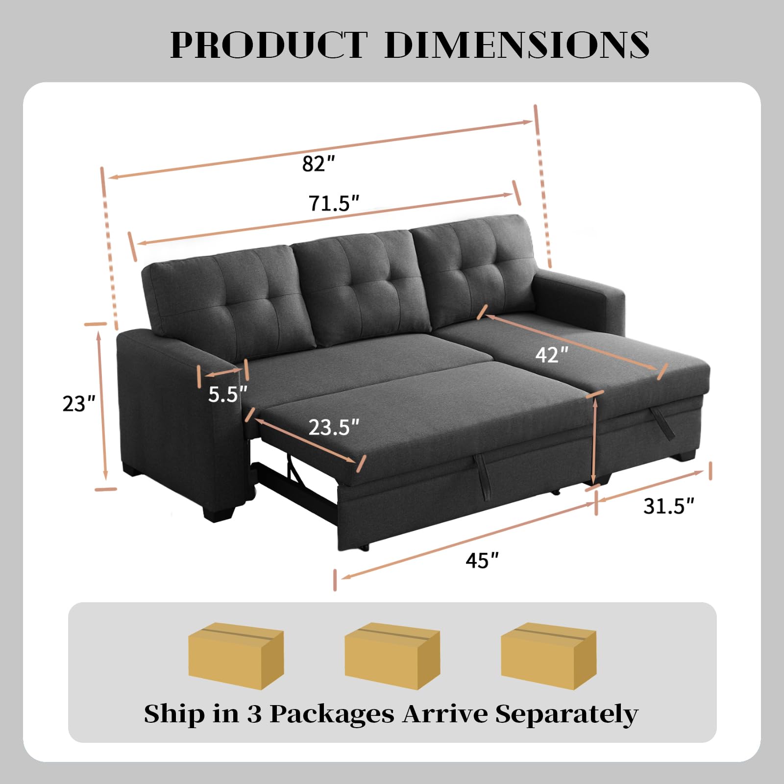 HHOK 4-in-1 Pull Out Modular Sectional Sofa Bed for Living Room Furniture Sets, L Shaped Convertible Comfy Couch with Reversible Storage Chaise Upholstered for Apartment, Studio, Office-Dark Gray