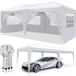 10' x 20' pop up canopy tent, outdoor carport canopy with 6 removable side walls, instant easy up canopy with carry bag & 4 pcs weight bags for outdoor, patio, white