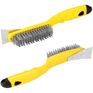 stainless steel wire brush 2 pcs with metal scraper | 79 bundles bristles, plastic contoured handle | chanharm heavy duty scratch for cleaning rust & dirt, dust & paint scrubbing, welding slag removal