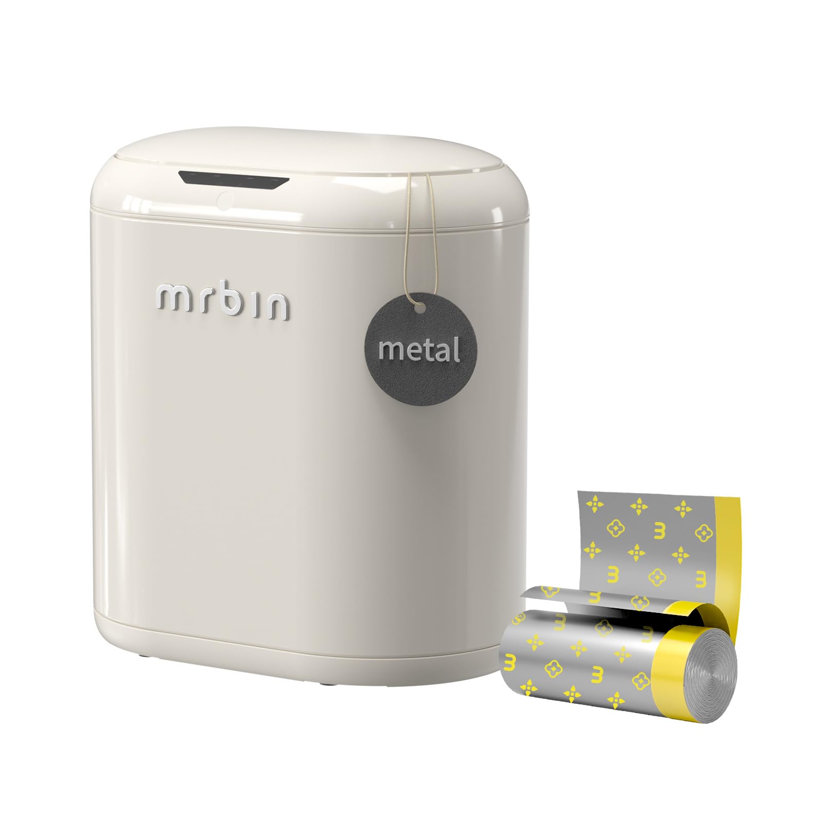 MRBIN Automatic Trash Can for Bathroom, Metal Touchless Garbage Bin with Lid, 3.4 Gallon Small Slim Trash Can for Office and Kitchen, Electric Motion Sensor Bedroom No Touch Bin, Cream White