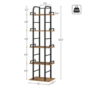 YATINEY Rotating Bookshelf, 5 Tier Spinning Bookcase Tower, 360 Display Narrow Bookshelf, Tall Industrial Corner Shelf Organizer, Storage Shelf Bookcase for Living Room, Rustic Brown and Black SJ02BR