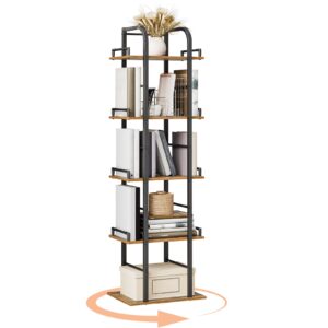 yatiney rotating bookshelf, 5 tier spinning bookcase tower, 360 display narrow bookshelf, tall industrial corner shelf organizer, storage shelf bookcase for living room, rustic brown and black sj02br