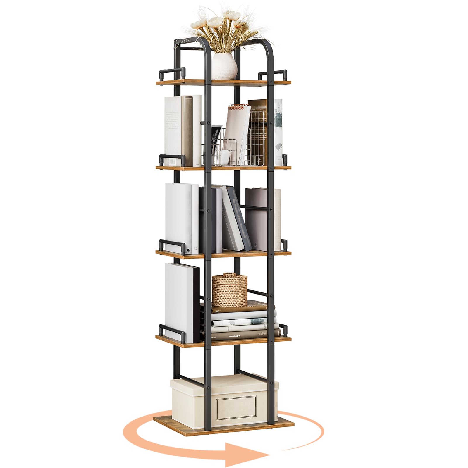 YATINEY Rotating Bookshelf, 5 Tier Spinning Bookcase Tower, 360 Display Narrow Bookshelf, Tall Industrial Corner Shelf Organizer, Storage Shelf Bookcase for Living Room, Rustic Brown and Black SJ02BR