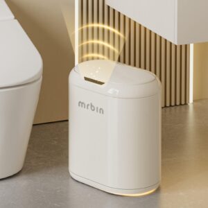 mrbin automatic trash can for bathroom, metal touchless garbage bin with lid, 3.4 gallon small slim trash can for office and kitchen, electric motion sensor bedroom no touch bin, cream white