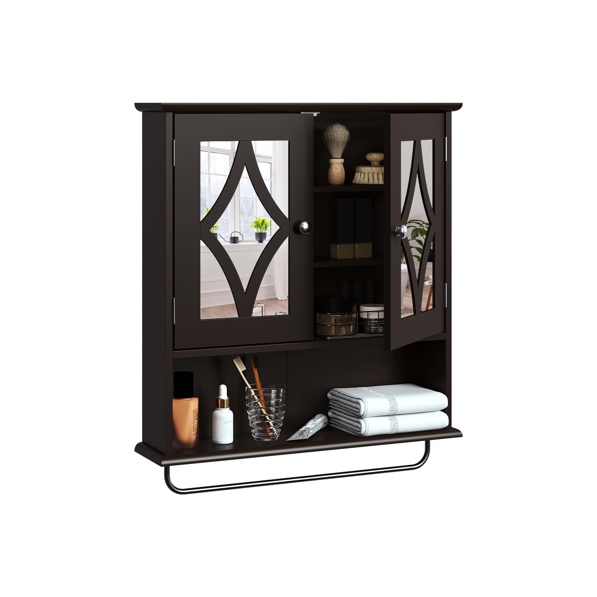 May in Color Bathroom Medicine Cabinet with Mirror, Vanity Wall Mounted Storage Cabinet with Adjustable Shelves and Towel Bar, Hanging Wall Cabinet for Bathroom, Laundry, Living Room, Brown