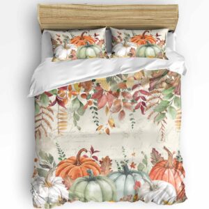 boanket 3 pieces bedding set california king size, green orange white fall soft duvet cover set comforter cover set with zipper closure&corner ties all-season bedding set pumpkins leaf thanksgiving