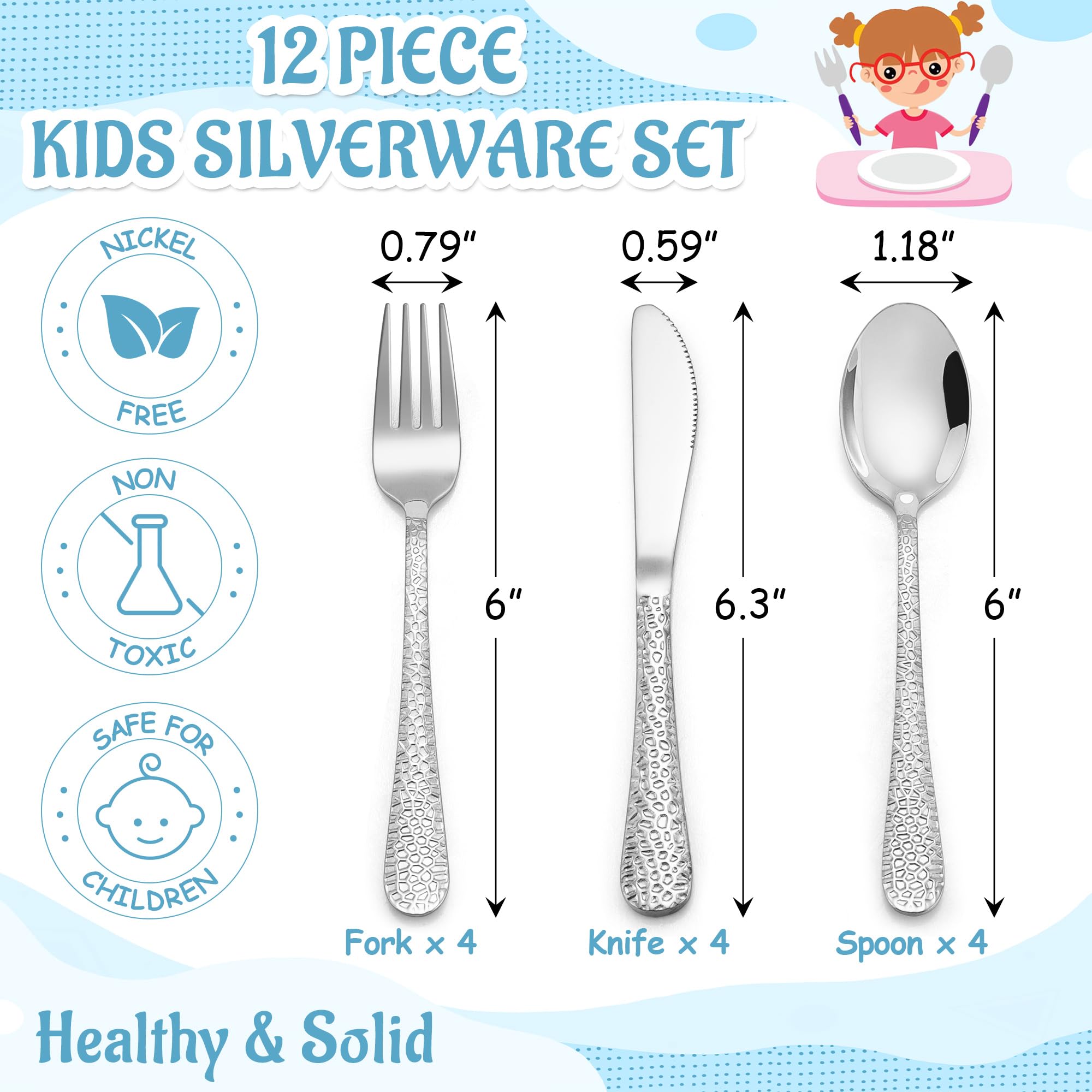 E-far 12-Piece Toddler Silverware, Stainless Steel Kids Preschooler Utensils with Adult Look, Hammered Flatware Includes 4 Forks 4 Spoons 4 Knives, Safe for Self Feeding, Non-Toxic & Dishwasher Safe