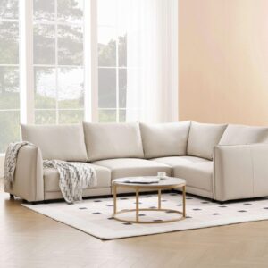 DAYALANE L Shaped Sectional Sofa, PU Leather Modular Covertible Sectional Couch with Arms, Modern Deep 4 Seat Couch Upholstered Sofa for Living Room, Studio, Office, Apartment, Off White