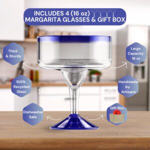 AGAVE'S GLASSWARE Margarita Glasses Set of 4 (16 oz) Gift Box – Cobalt Blue Rim Margarita Glass, Handmade, Mexican Glassware, Cocktail Glasses, Coupe Glasses (Cobalt Blue Rim).