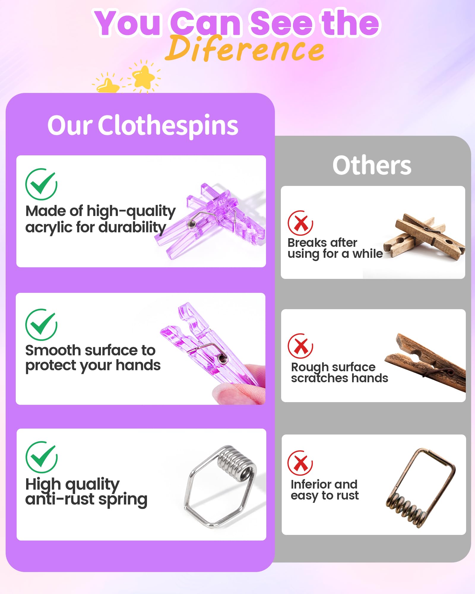 60PCS Purple Clothes Pins for Baby Shower Games Girl, Transparent Acrylic Clothes Pin Bulk, 1.4'' Mini Clothespins for Photos, DIY Crafts, Baby Shower Game Prop/Party Favors/Decorations