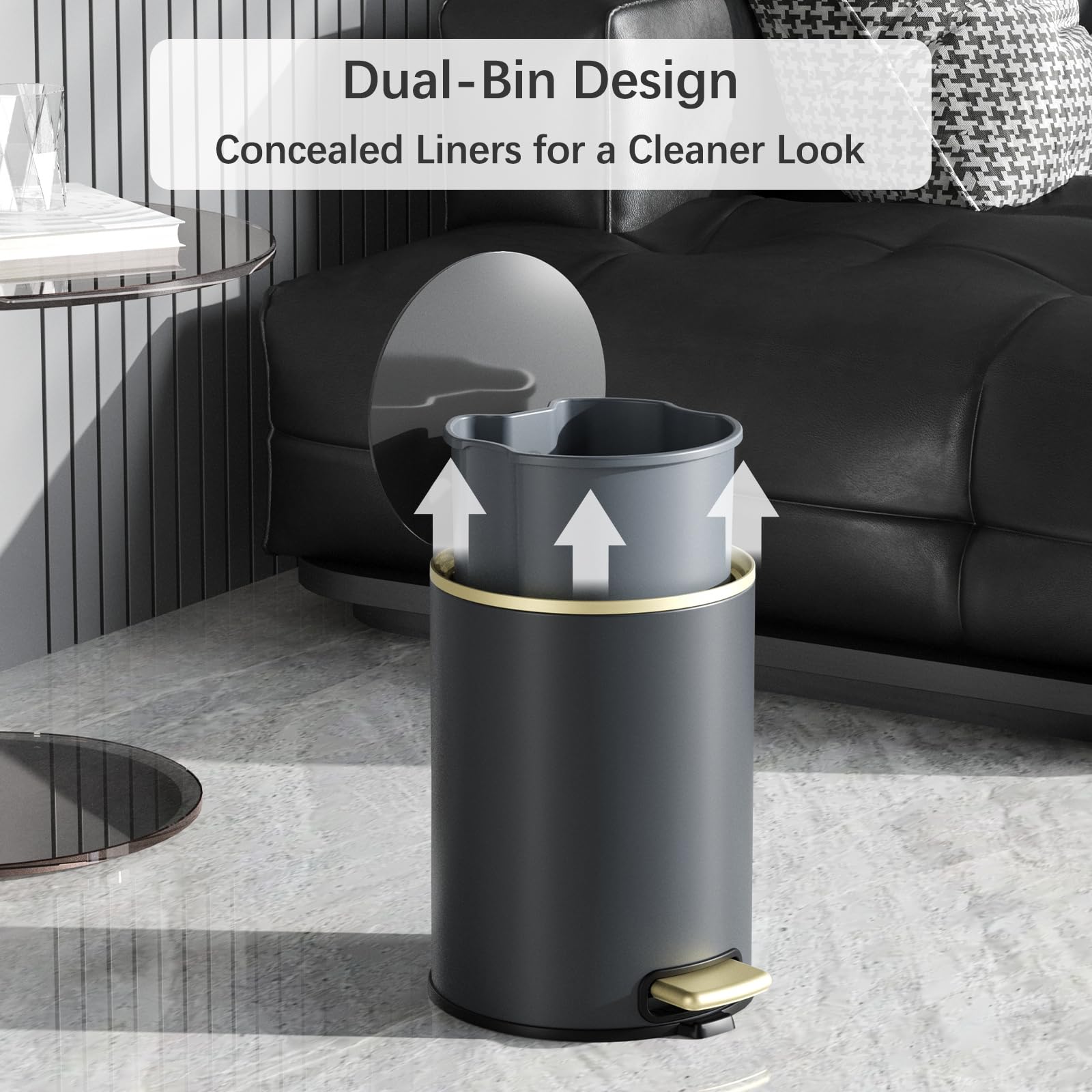 MRBIN Bathroom Round Trash Can with Lid, Small Metal Office Garbage Pail, 1.6 Gallon Waste Step Basket with Foot Pedal, for Bedroom, Kitchen, Dorm Decor Accessories, Grey