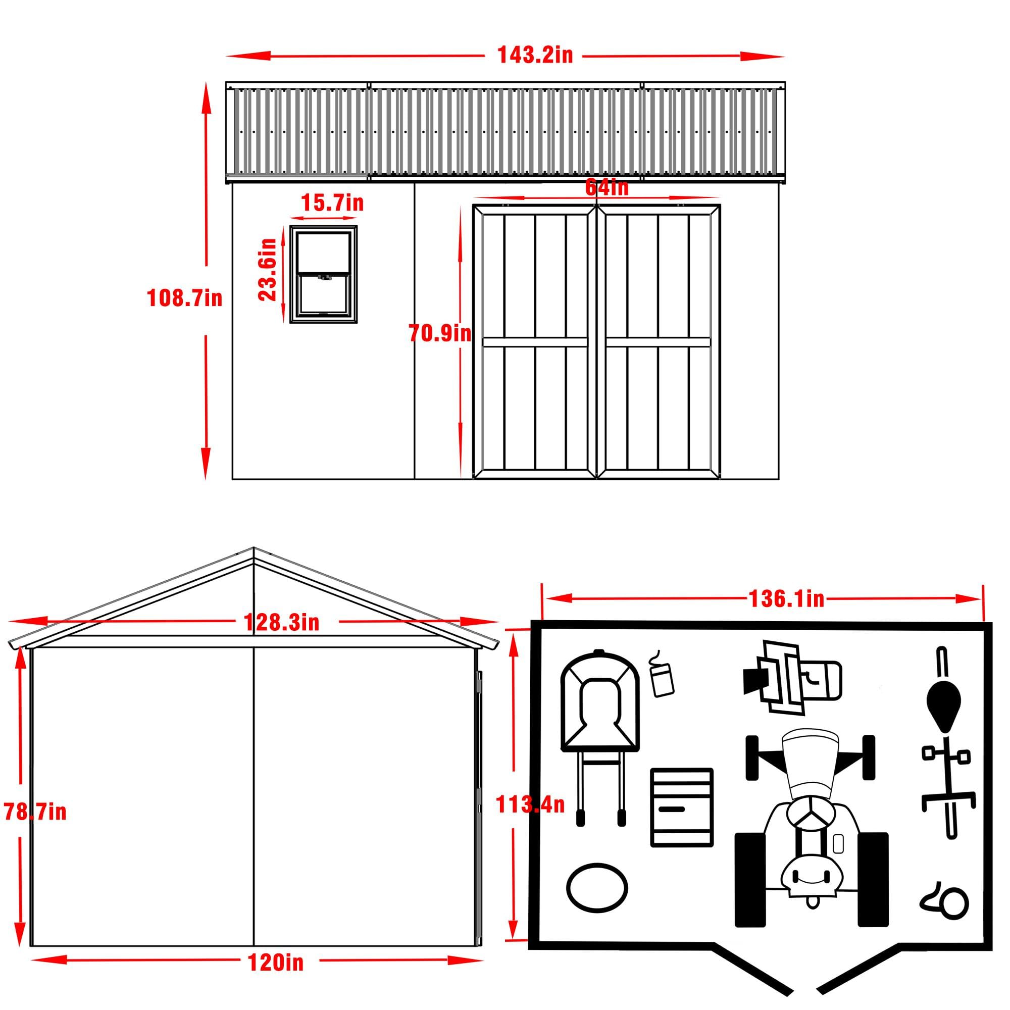 MUPATER 10 ft x 12 ft Outdoor Wood Shed with Metal Roof, Lean-to Storage shed Garden Furniture Tools with Lockable Door and Vents for Garden, Patio