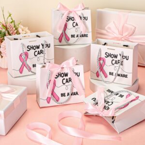 Weekgrat 25 Pack Small Pink Ribbon Bags with Handles Breast Cancer Awareness Paper Gift Bags and Bow Ribbon Show You Care Breast Cancer Bags Women Men Breast Cancer Fighter, 5.51 x 2.36 x 4.72 inch